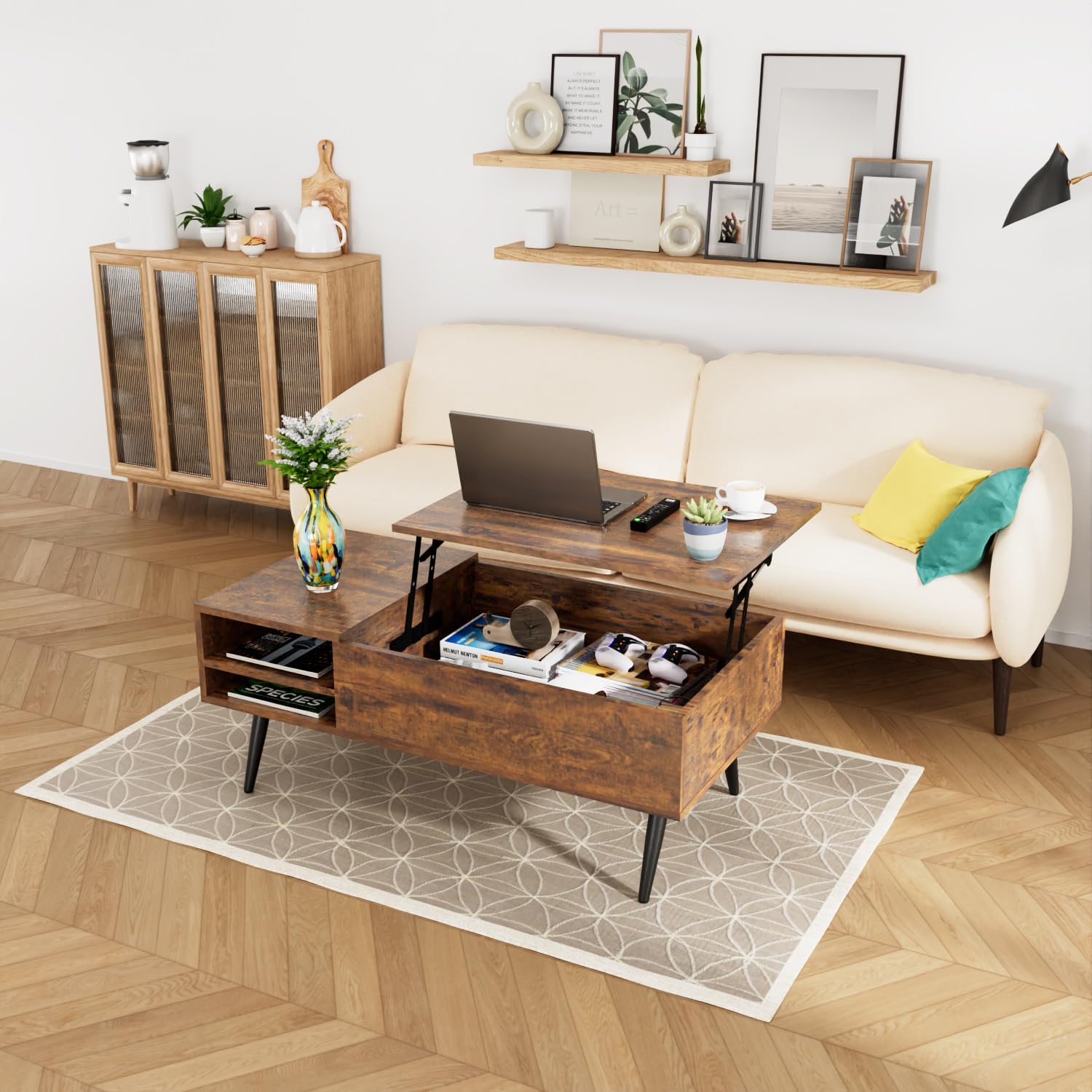 Wood Lift Top Coffee Table Rising Tabletop Center Coffee Table Small ...