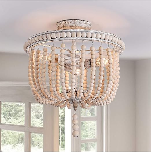Flush Mount Ceiling Light,12.6-inch Boho Light Fixtures,3-Light Wood ...