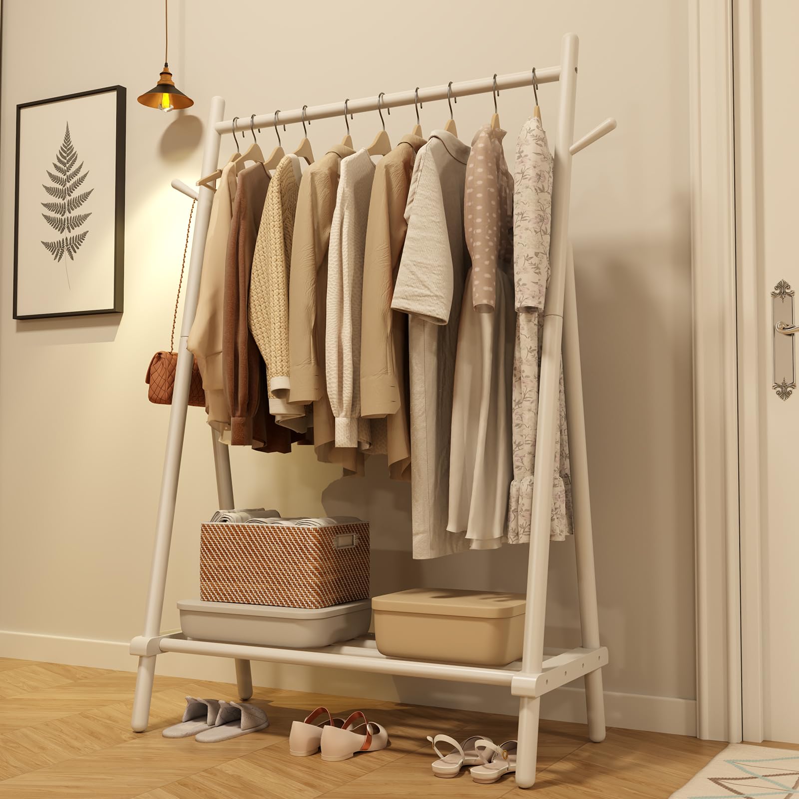 Amazon.com: KASLANDI Solid Wood Clothes Rack, Clothing Rack with Shelf ...
