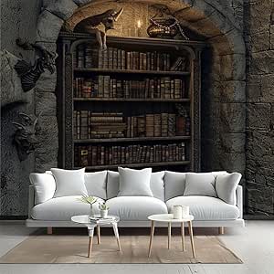 GAROLINAPW Vintage Wallpaper Eerie Hidden Castle Bookshelf Leather ...