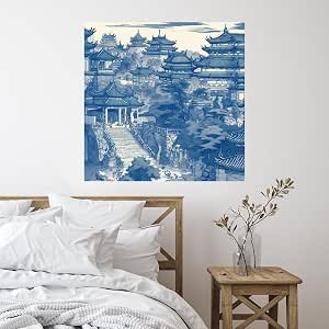 Amazon.com: Chinoiserie Asian Pagoda White Blue Porcelain Wall Art ...