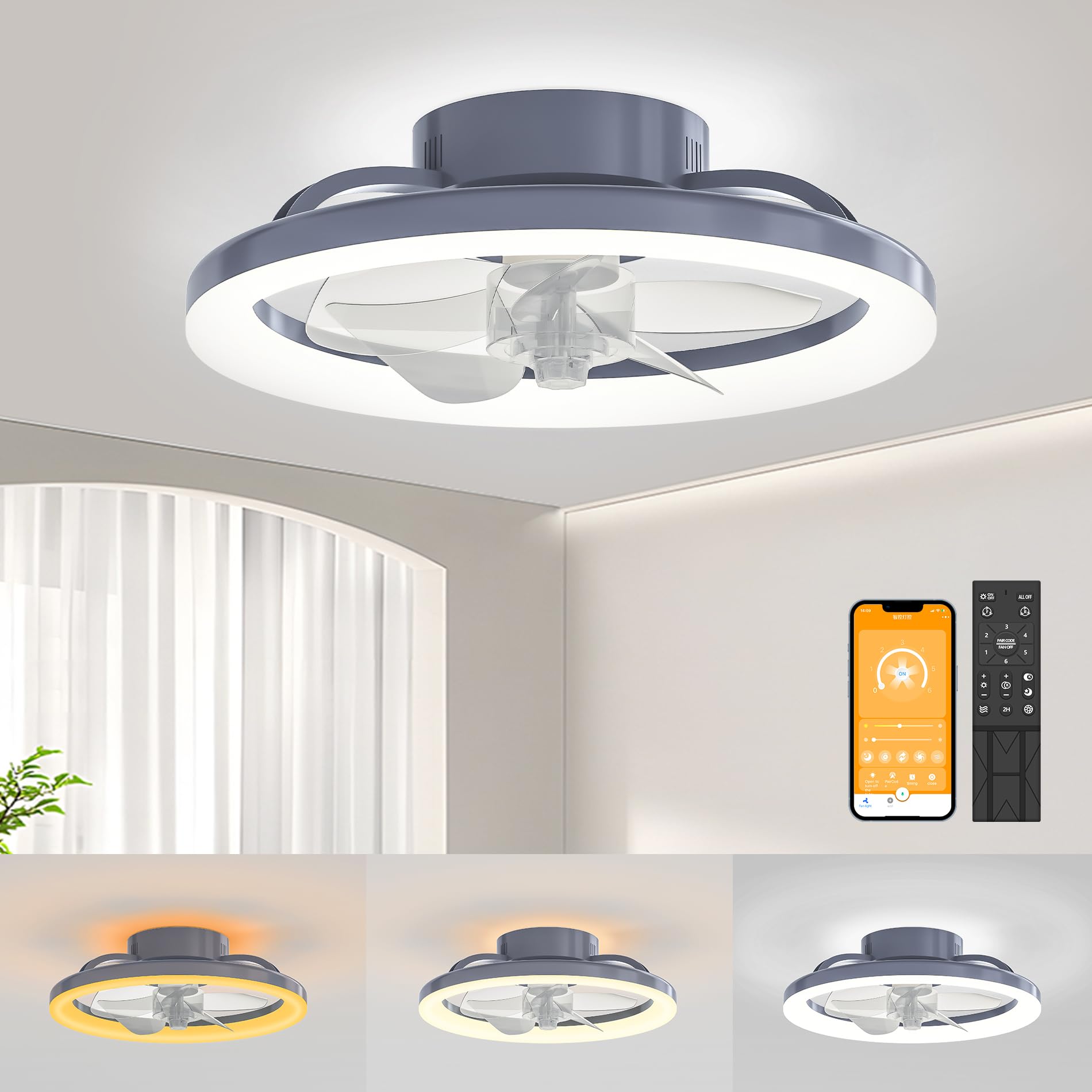 Mcestna Grey Ceiling Fans with Lights: 16 inch Bladeless Modern Ceiling ...