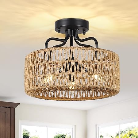 VSIWB 3-Lights Boho Ceiling Light Fixtures,Rattan Farmhouse Woven Semi Flush Mount Ceiling Light ...