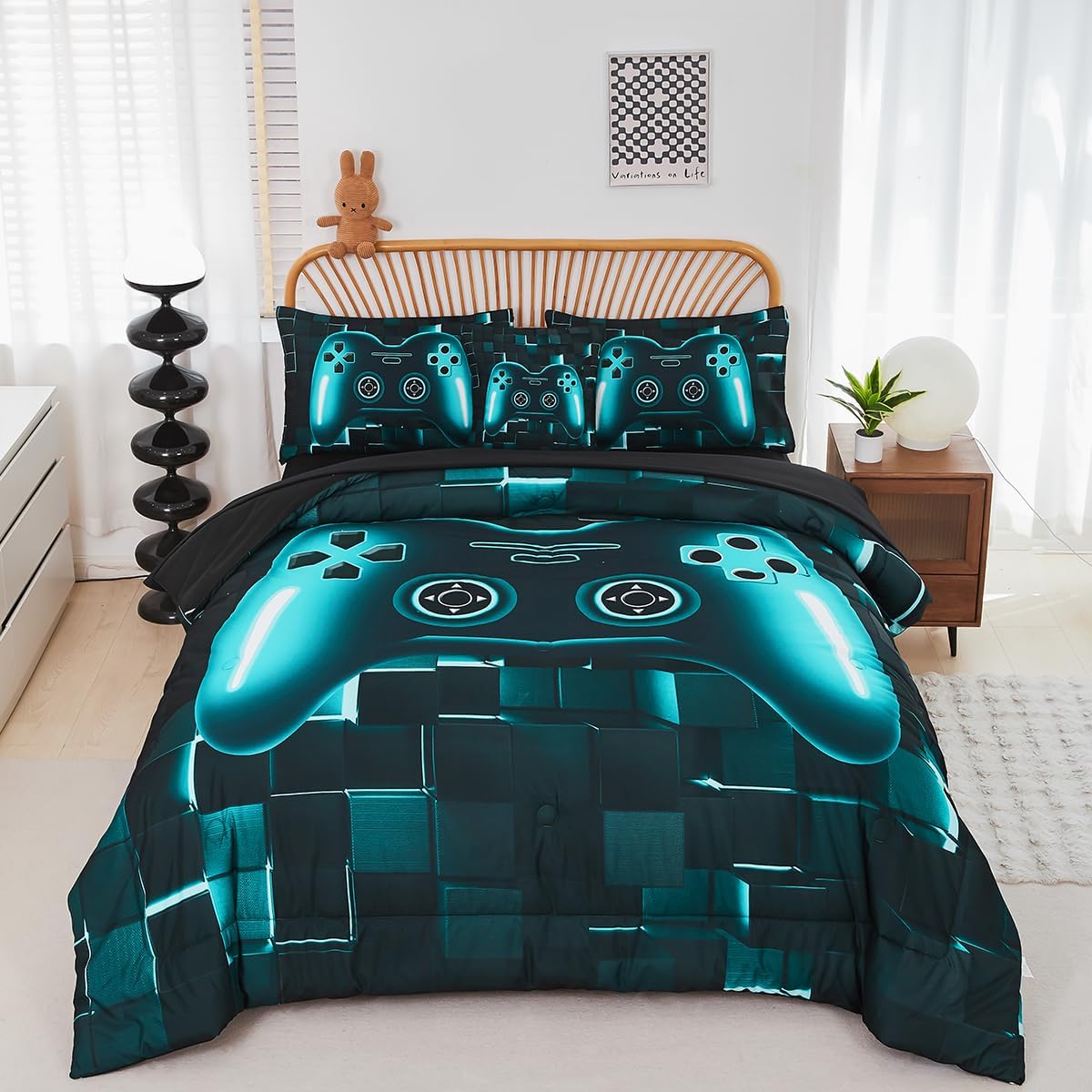 Amazon.com: PERFEMET Gamer Bedding Set Twin Size 6-Piece Teal Blue Game ...