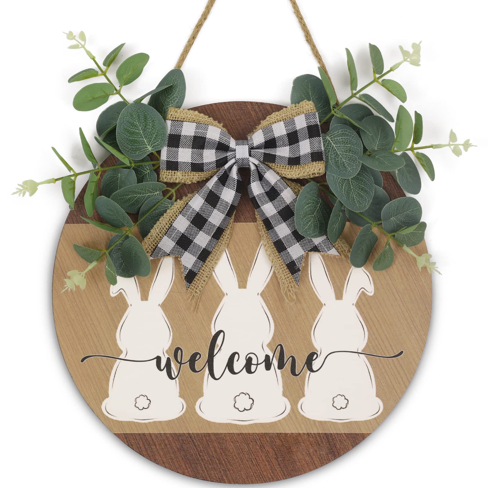 Amazon.com: Easter Welcome Sign Front Door Decor with Bunny Rabbit Bow ...