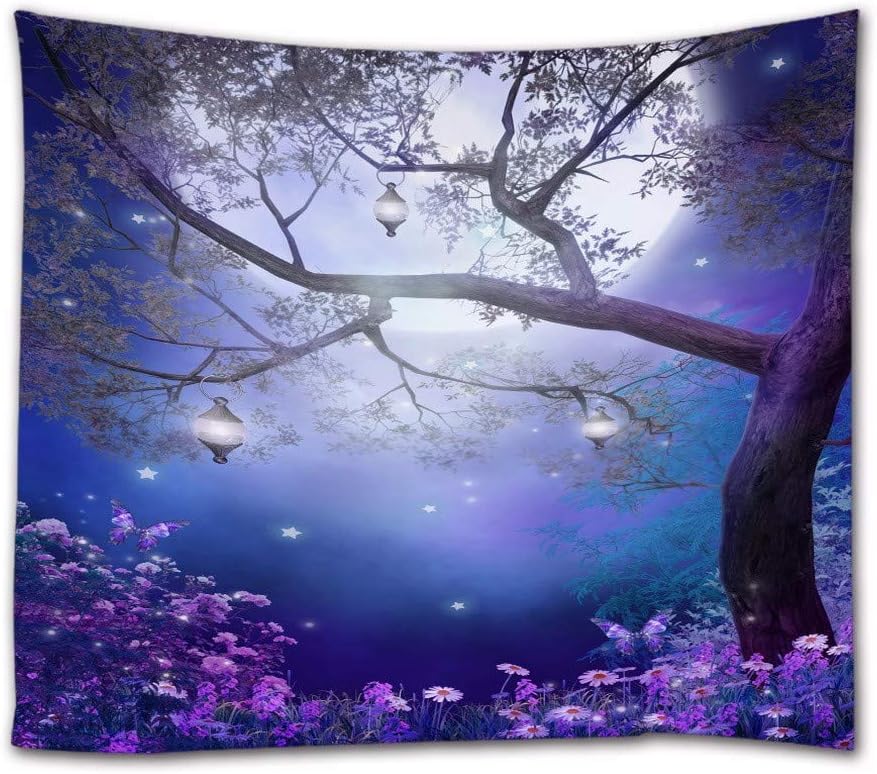 A.Monamour Fairy Tale Purple Forest Tree With Lantern Flowers Full Moon ...