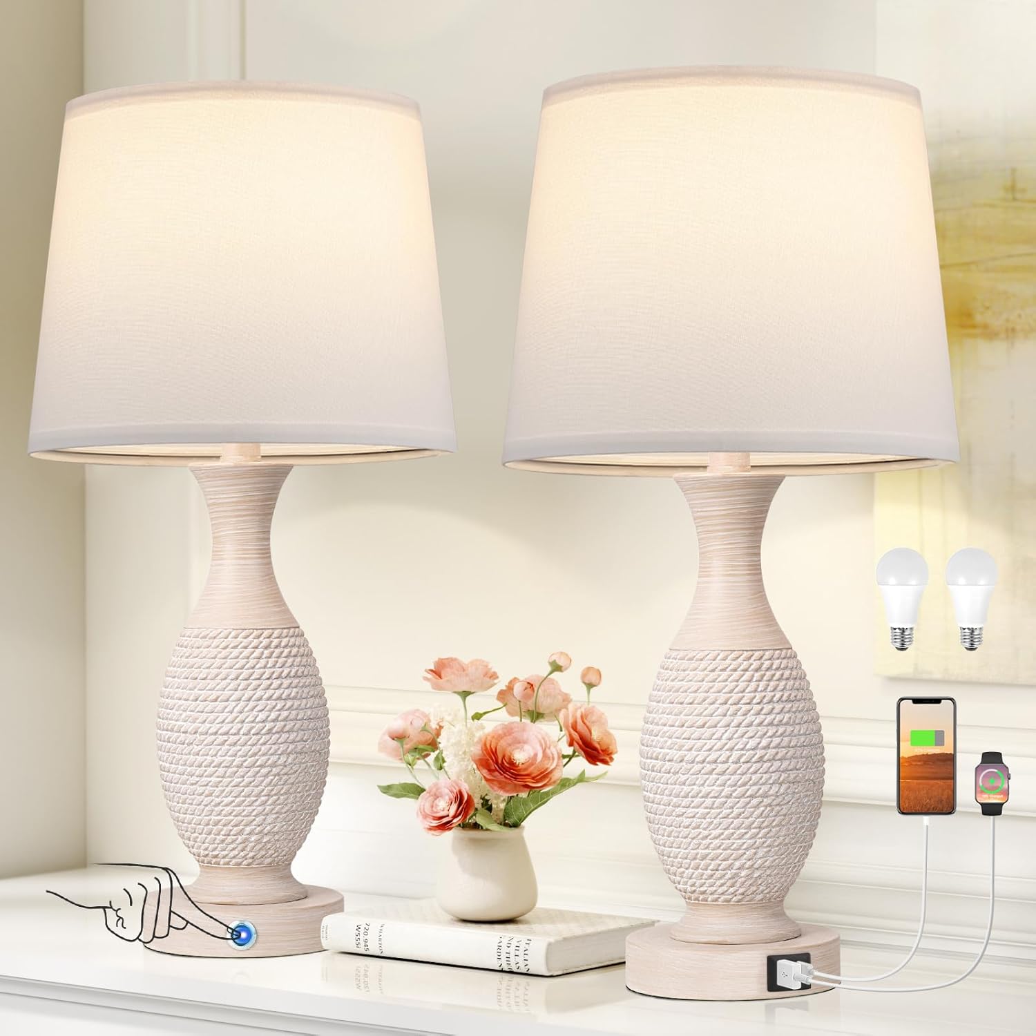 Seealle 22.2" Bedside Lamps Set of 2 with USB C+A - Dimmable Touch ...