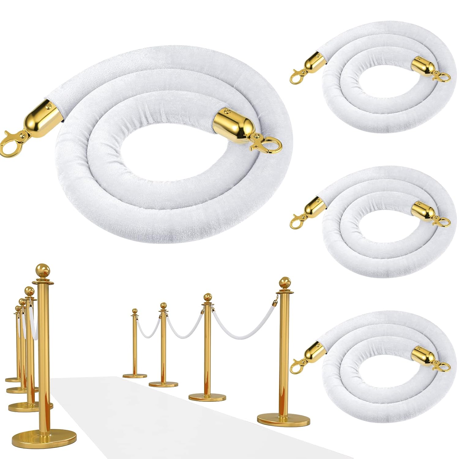 Woanger Velvet Ropes White, 5 Feet Stanchion Rope with Gold Hooks ...