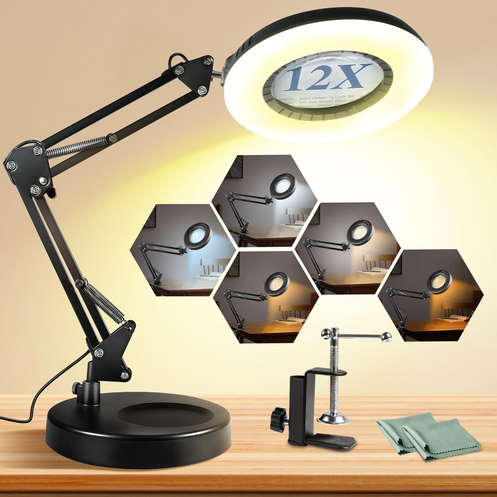 Toolastra 12X Magnifying Glass with Light and Stand, 144 LEDs Brightest ...
