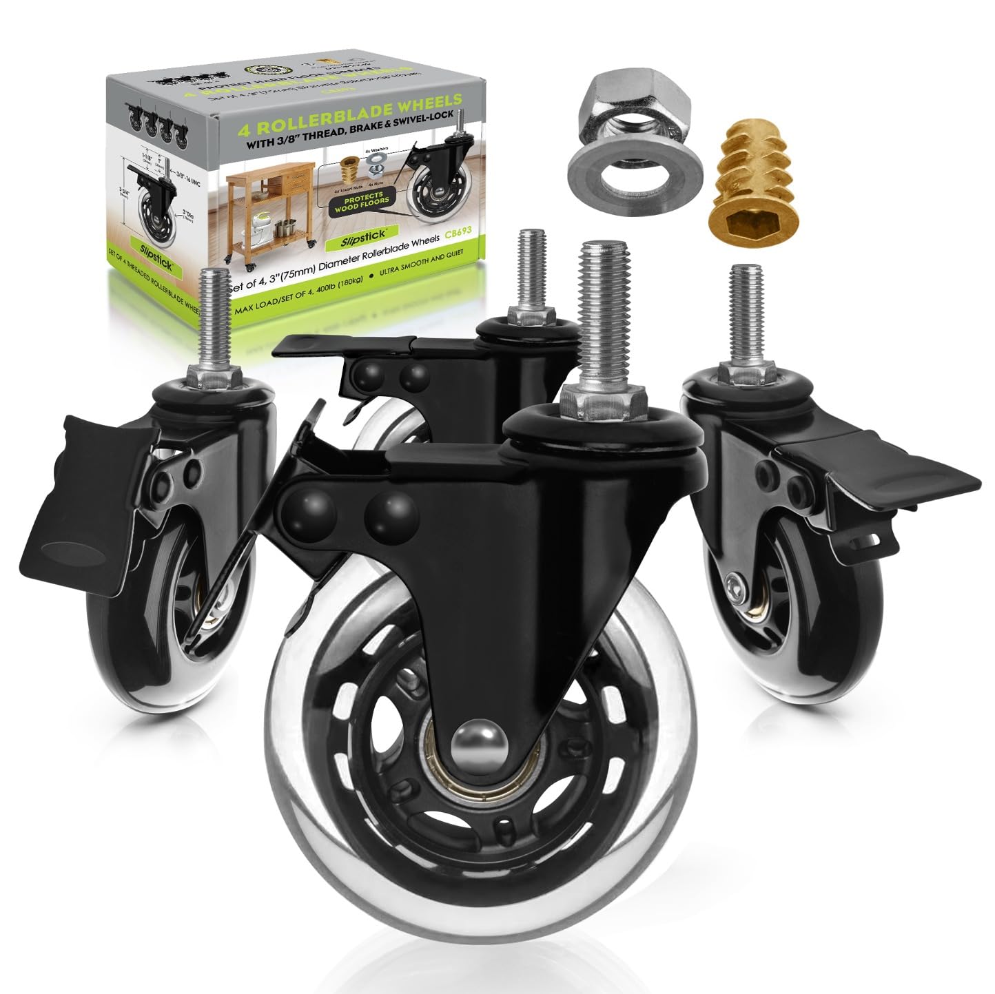 Slipstick 3 Inch Rubber Caster Wheels with Brake Locks (4 Pack) Heavy ...