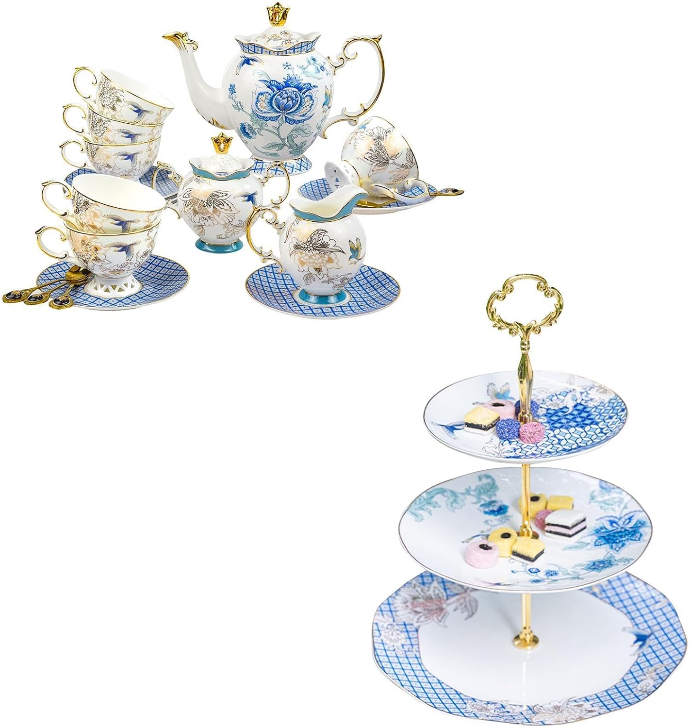 Amazon.com | ACMLIFE Bone China Tea Set & 3 Tiers Cake Stand: Cake Stands