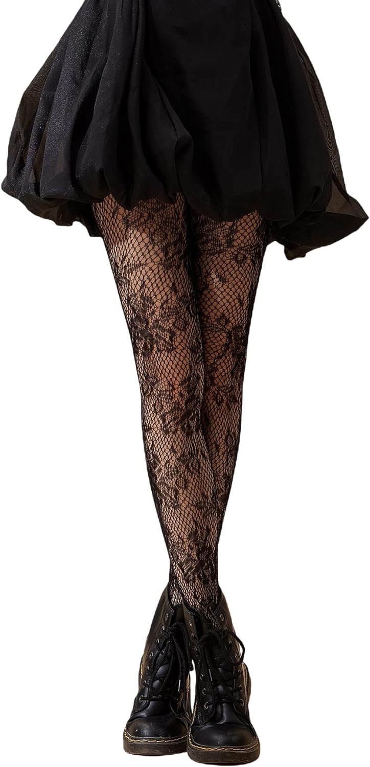 GORGLITTER Women's Floral Patterned Fishnet Tights Ladies Fashion ...