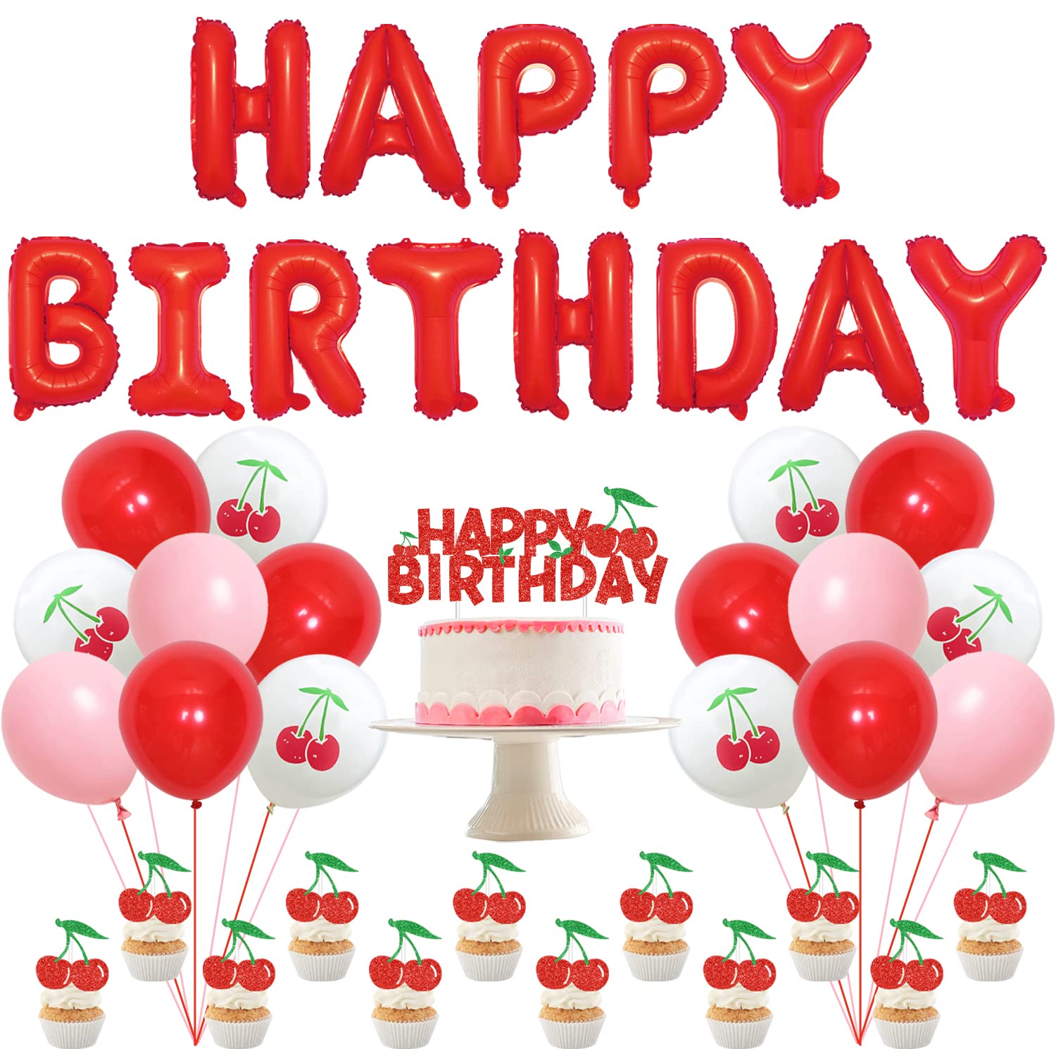 Amazon.com: 46Pcs Cherry Theme Birthday Party Decorations Set for Girls ...