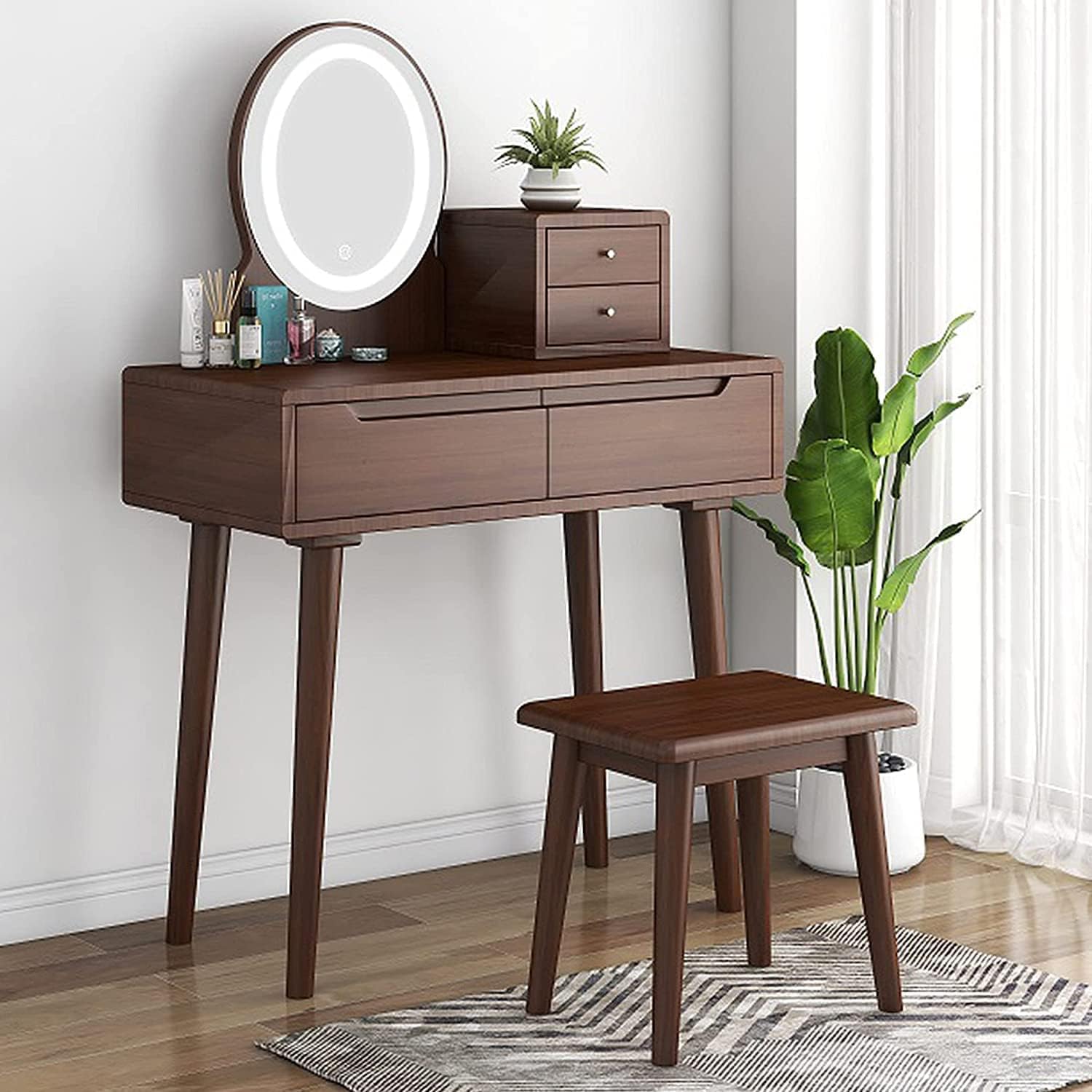 Amazon.co.jp: Solid wood dressing table with LED light vanity desk makeup table and drawer small ...
