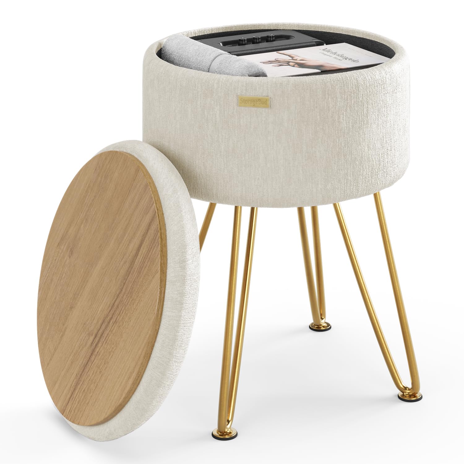 Amazon.com: STORAGEBUD Round Ottoman with Storage, Textured Velvet ...