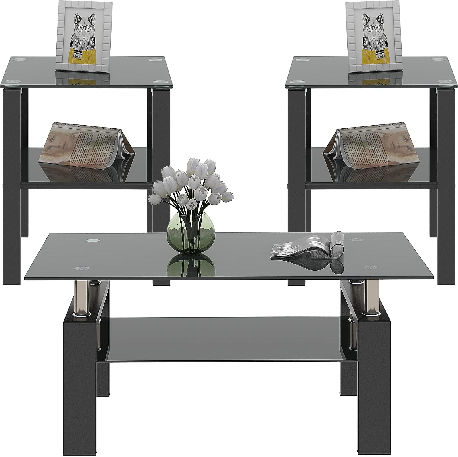 Amazon.com: Pemberly Row 3 Piece Coffee Table Set in Dark Oak : Home ...