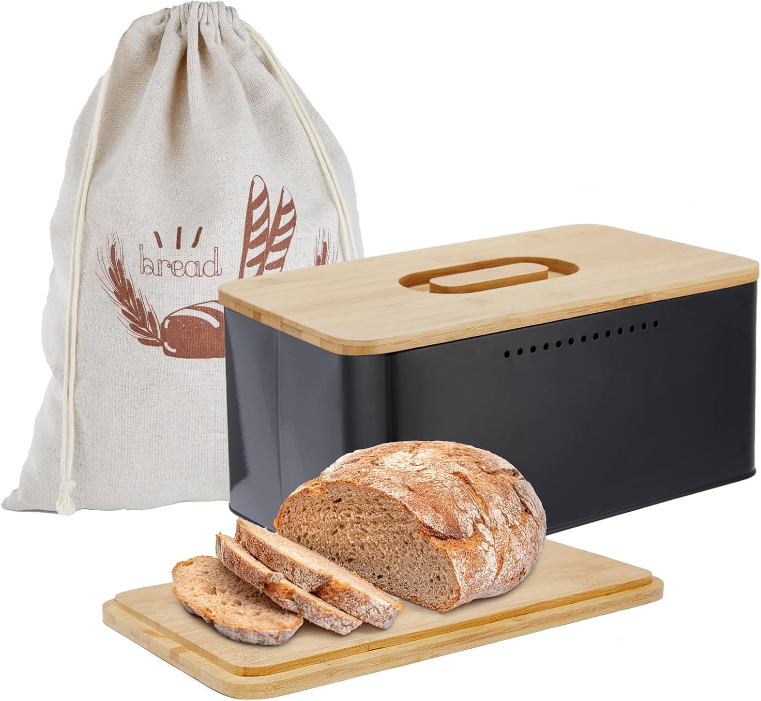 zhongko Bread Box, Black, Large Bread Box with Bamboo Lid Usable As ...