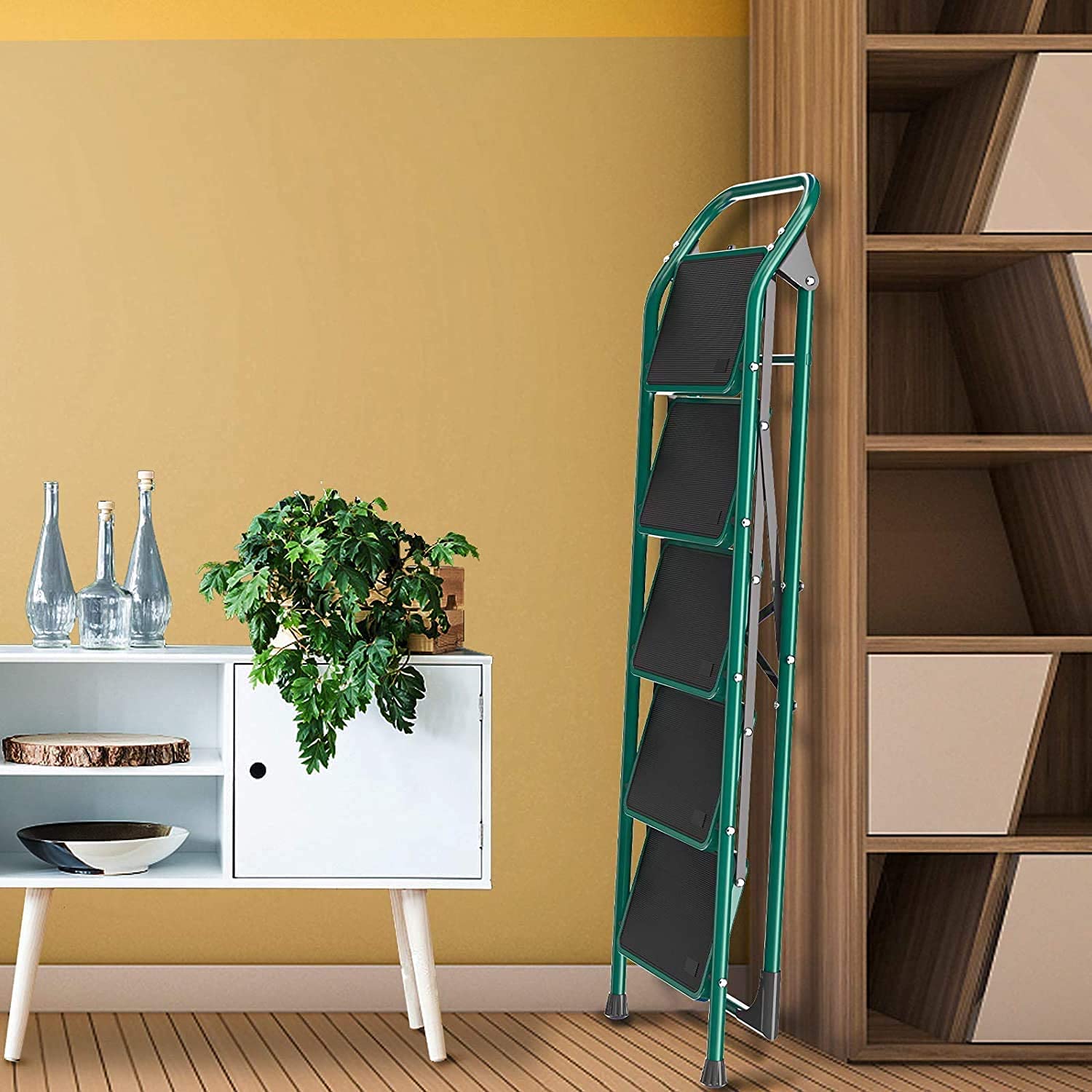 5 Step Ladder, Folding Step Stool w/Non-Slip Rubber Feet, 330lbs Load ...