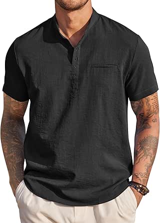 Amazon.com: COOFANDY Mens Cotton Linen Shirts Short Sleeve Henley Shirts Casual Banded Collar ...