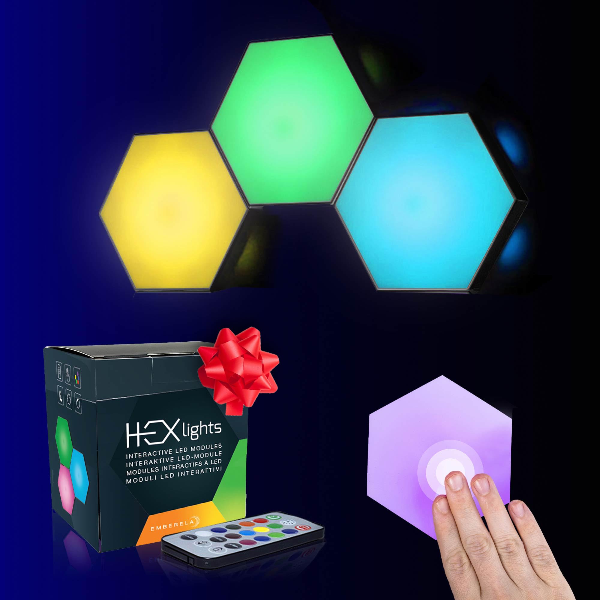 Emberela HEXlights 3-Pack Hexagon Lights, Touch & Remote Controlled RGB ...