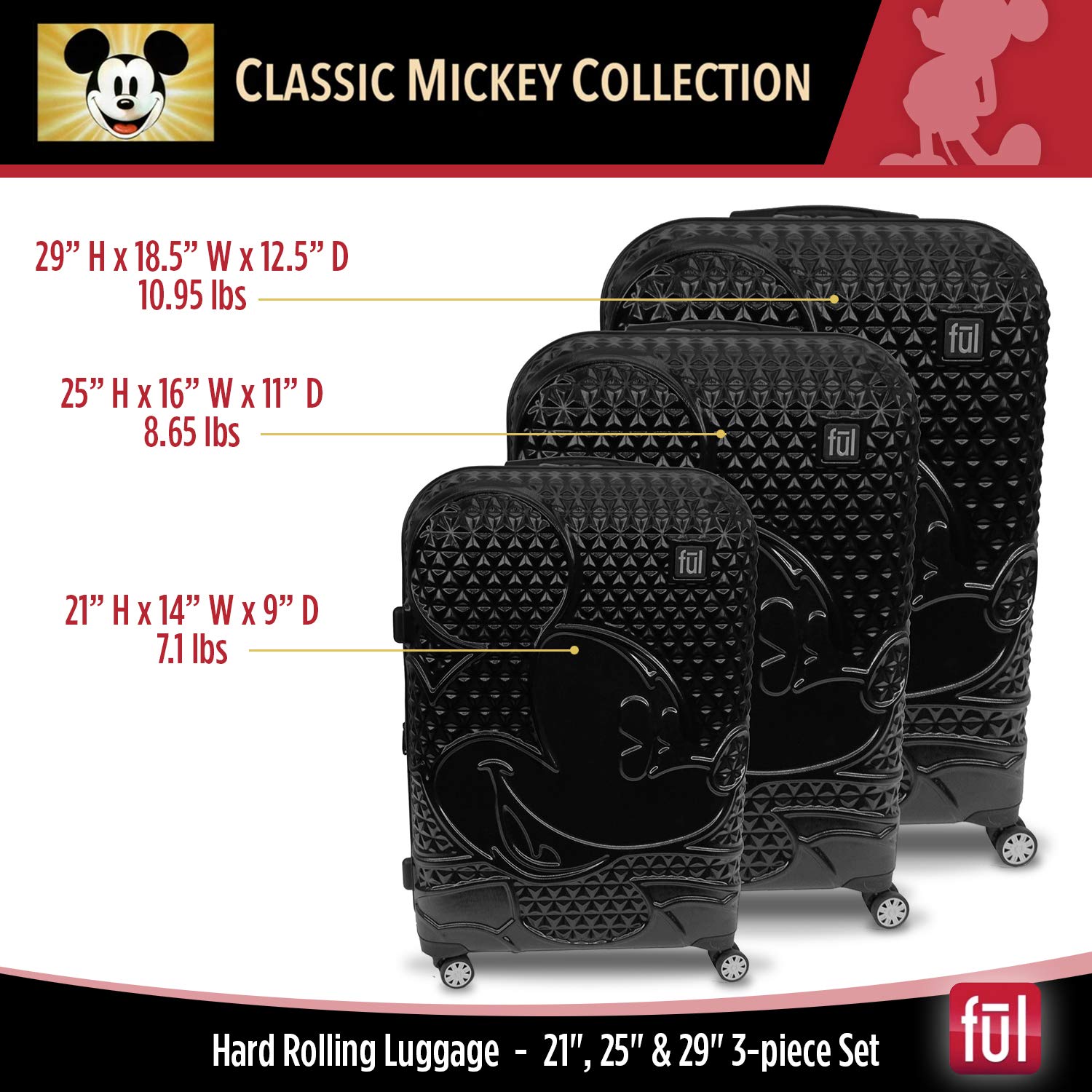 FUL Disney Mickey Mouse Rolling Luggage Set, Hardside Suitcase with ...