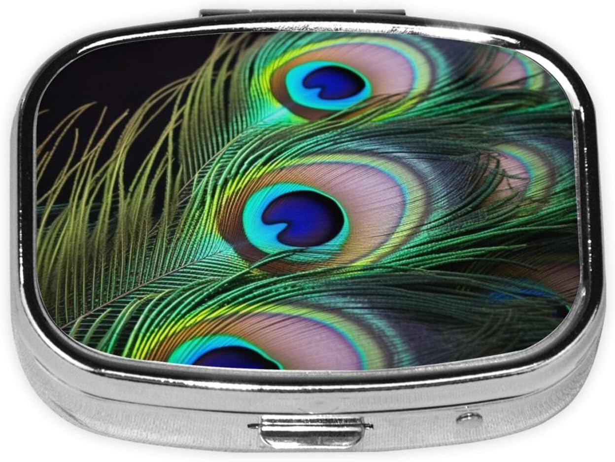Amazon.com: Square Pill Box Green Peacock Feather Cute Small Pill Case ...