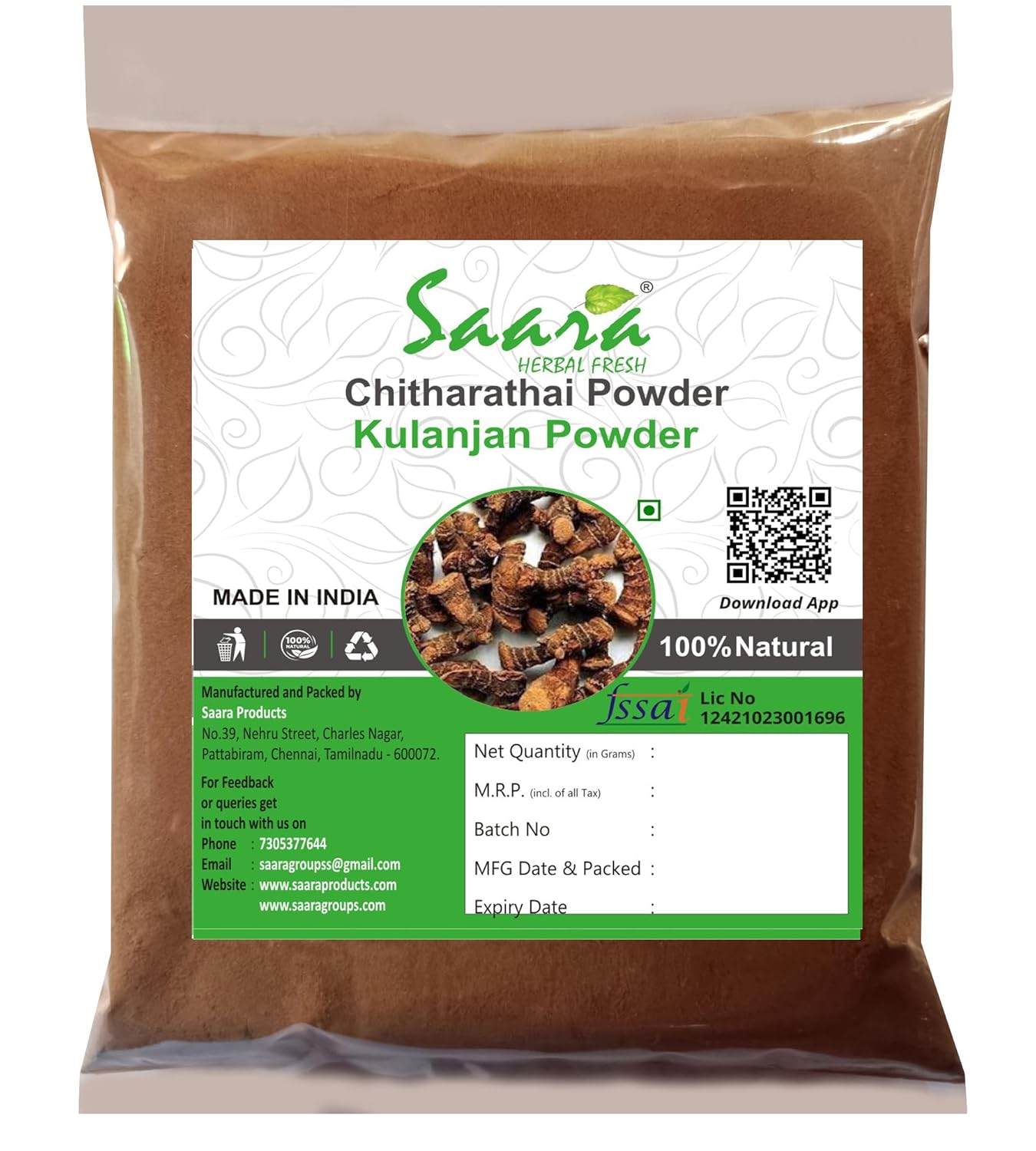 Buy Saara HERBAL FRESH Sitharathai Powder, Kulanjan, Lesser Galangal ...