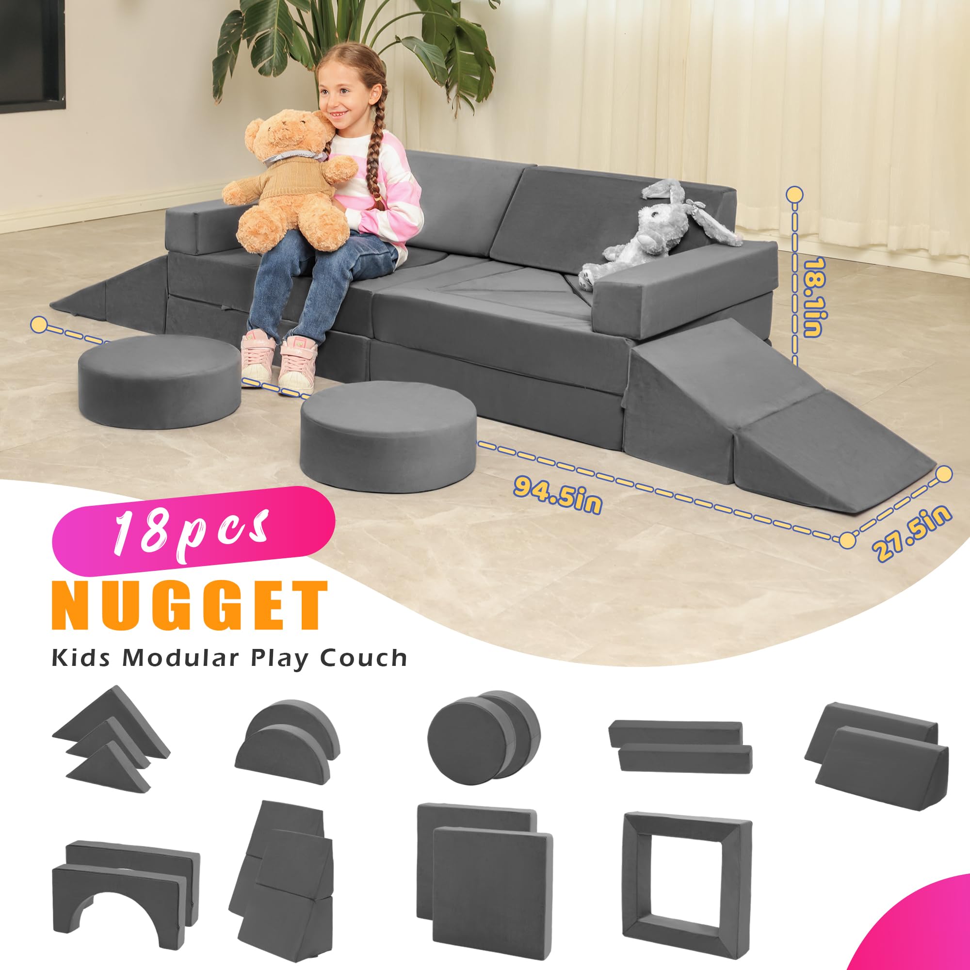 Snapklik.com : Tykacna 18pcs Kids Couch Building Fort, Modular Kids ...