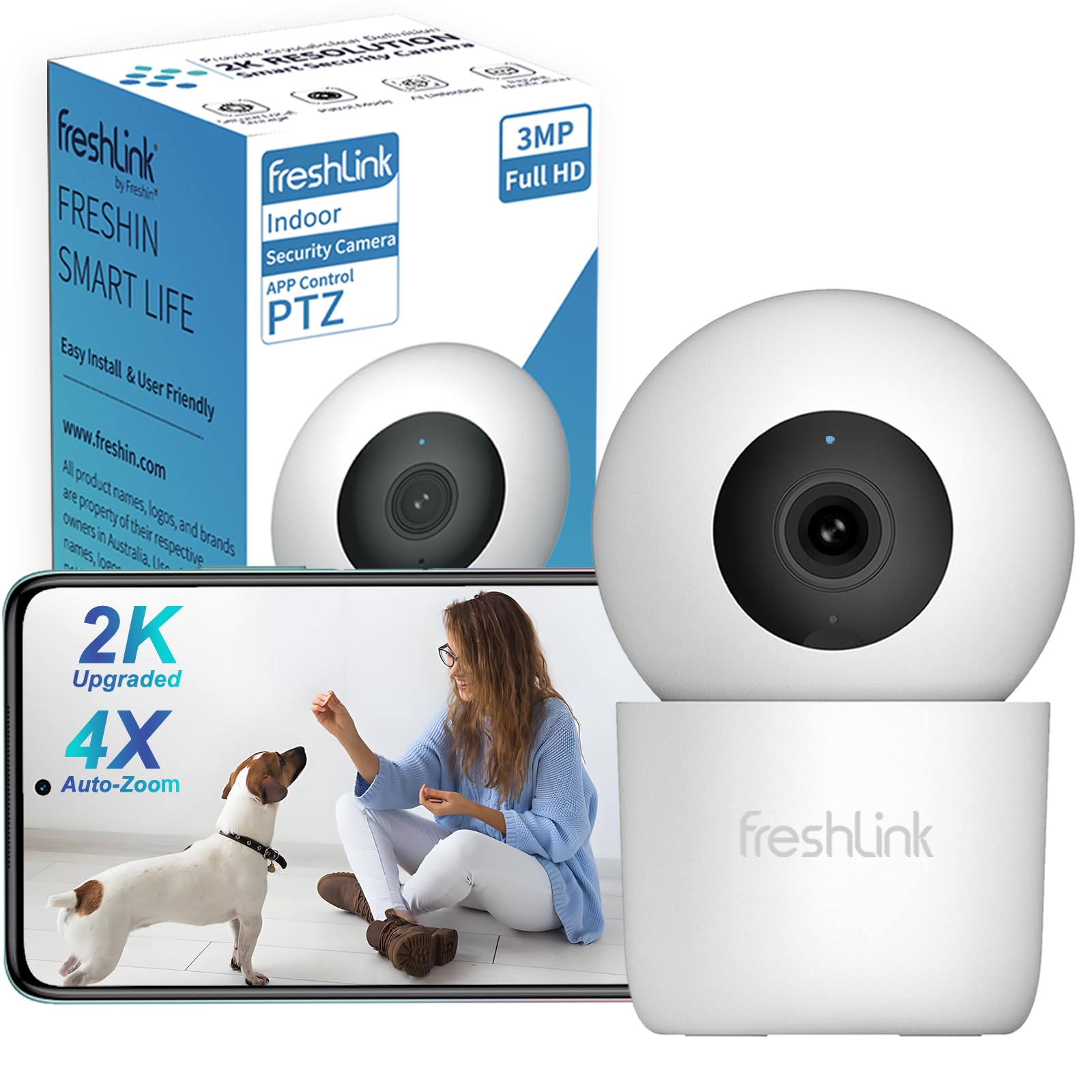 Security Camera Indoor 1296P FreshLink Upgraded 2K Pan/Tilt 345° Motion ...