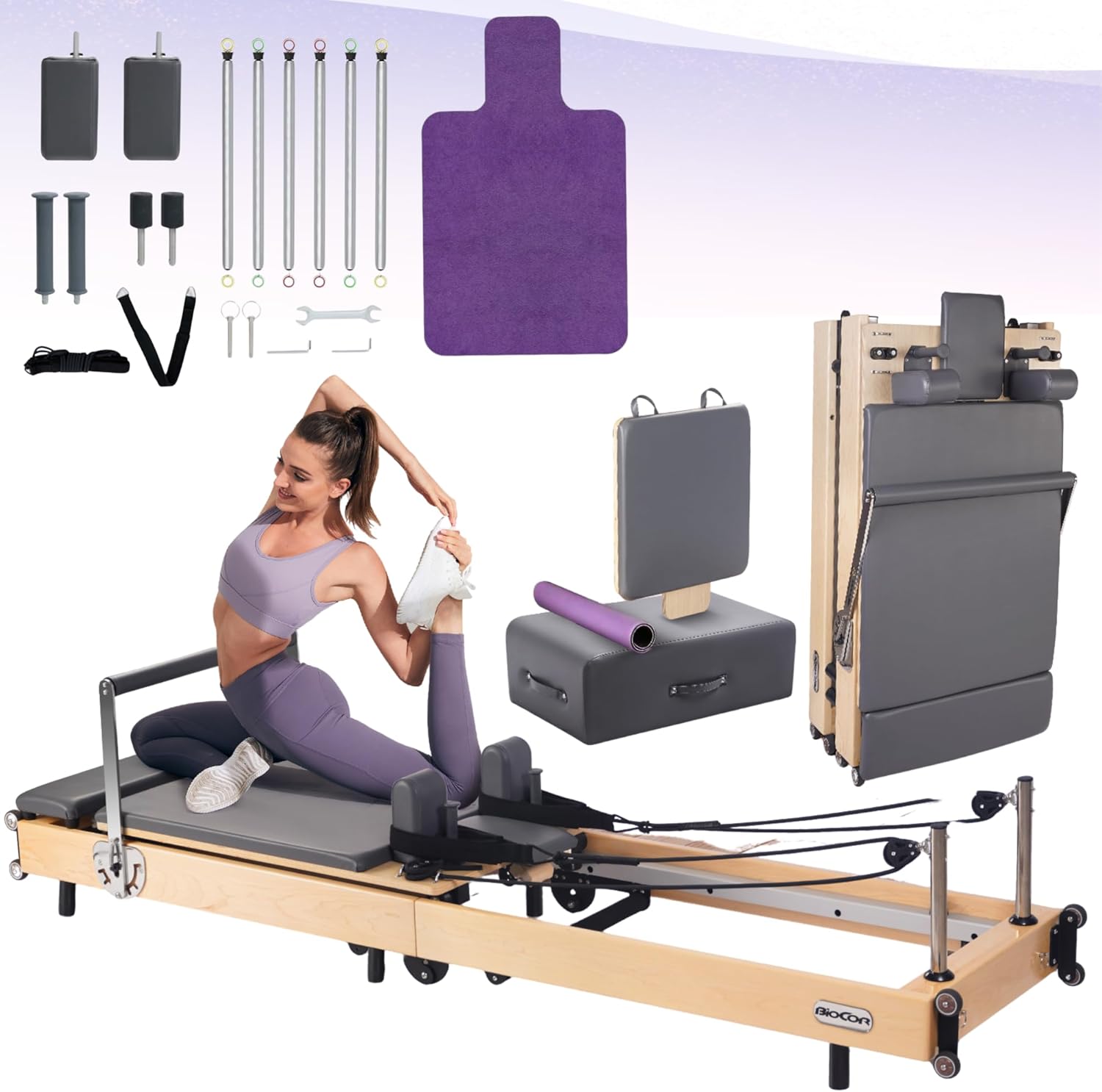 Extended Pilates Reformer, Foldable Wood Pilates Machine with Sitting ...