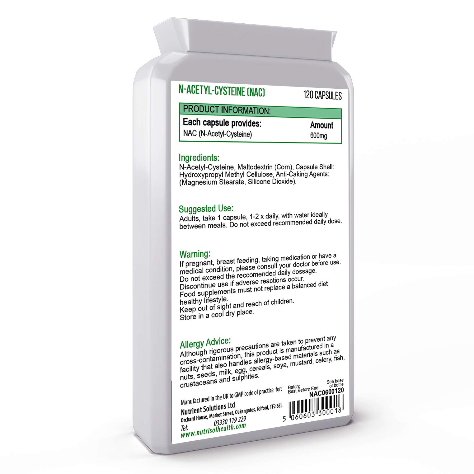 Buy NutriSol Health NAC - N-Acetyl-Cysteine 600mg 120 Capsules | Amino ...