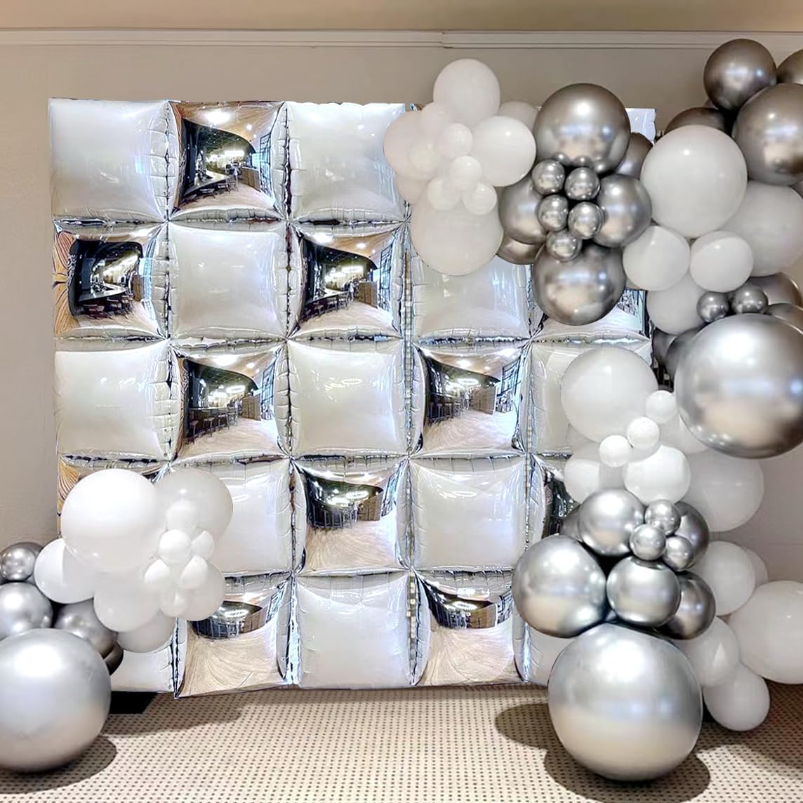 Amazon.com: Orgnafey Silver and White Mylar Square Foil Balloon Wall ...