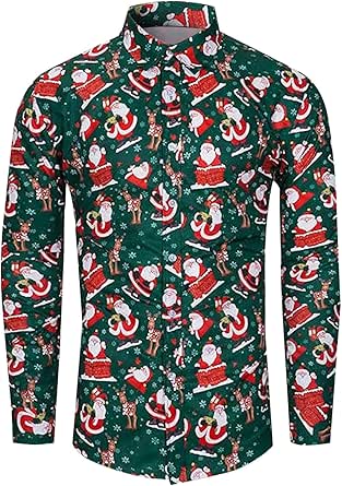 Amazon.com: Mens Christmas Shirts Santa Claus Party Long Sleeve Button ...