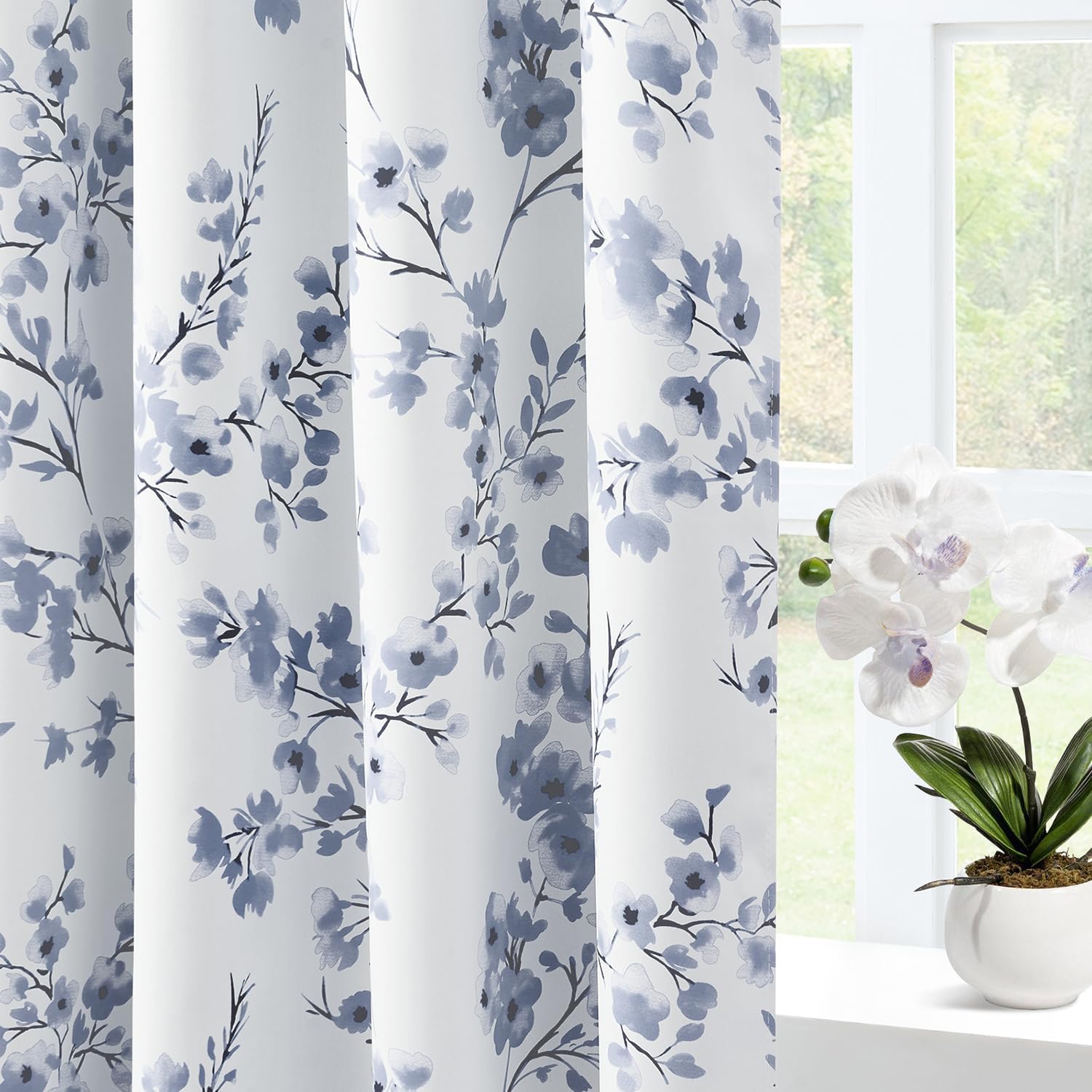 HOMEIDEAS Floral Blackout Curtains 84 Inches Long Grey Blue Curtains ...