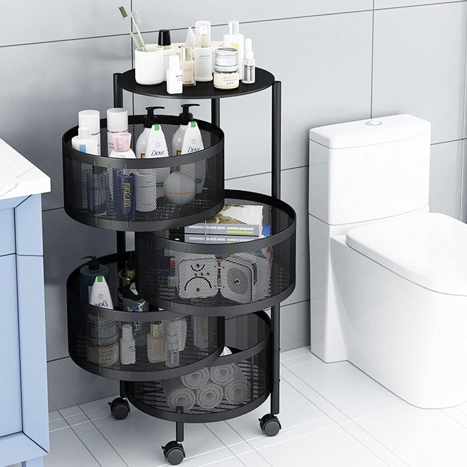 5 Tier Rotating Storage Rack – Round Metal Trolley Cart with 360 ...
