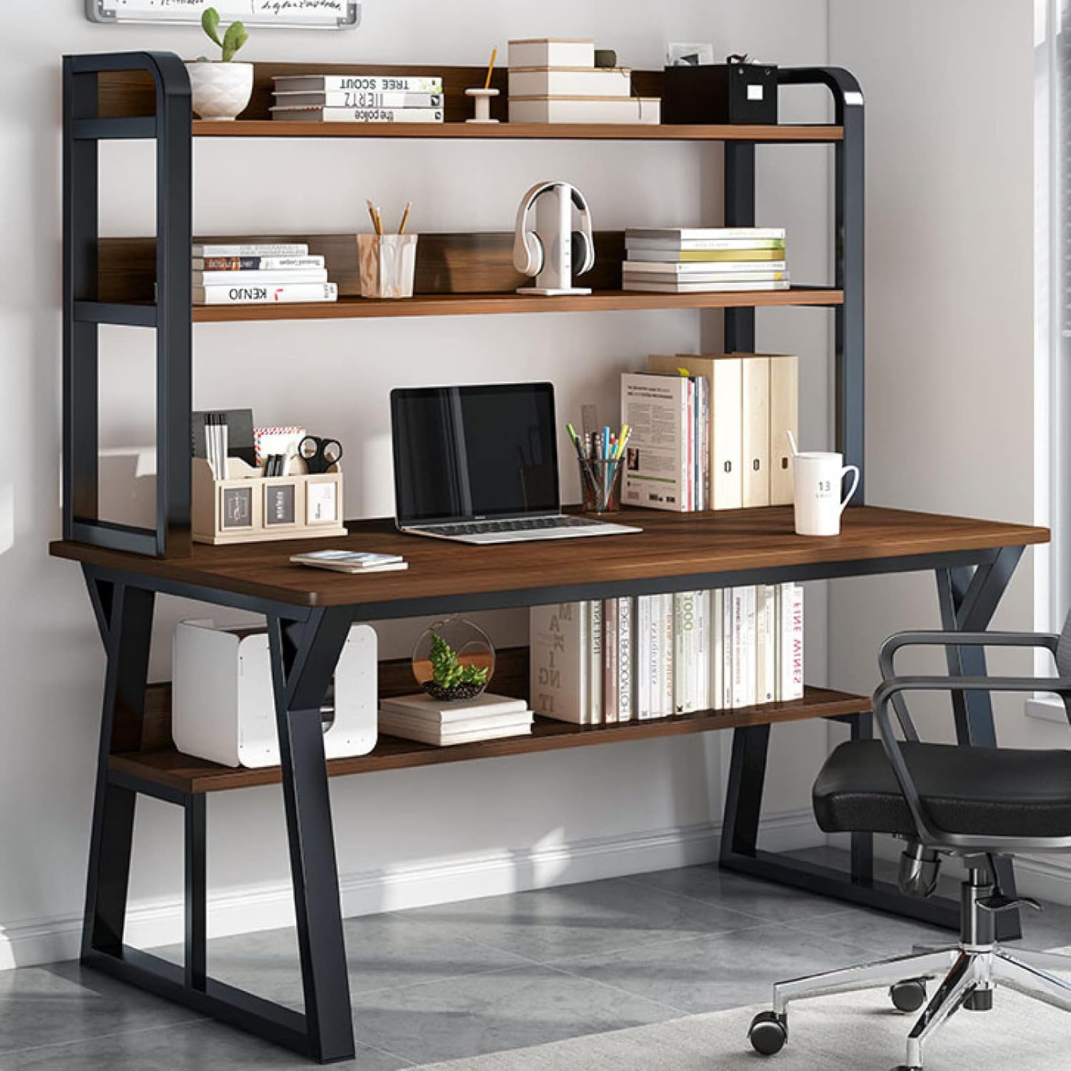 Modern Oak Computer Desk with Storage Shelves & Bookcase - Stylish ...