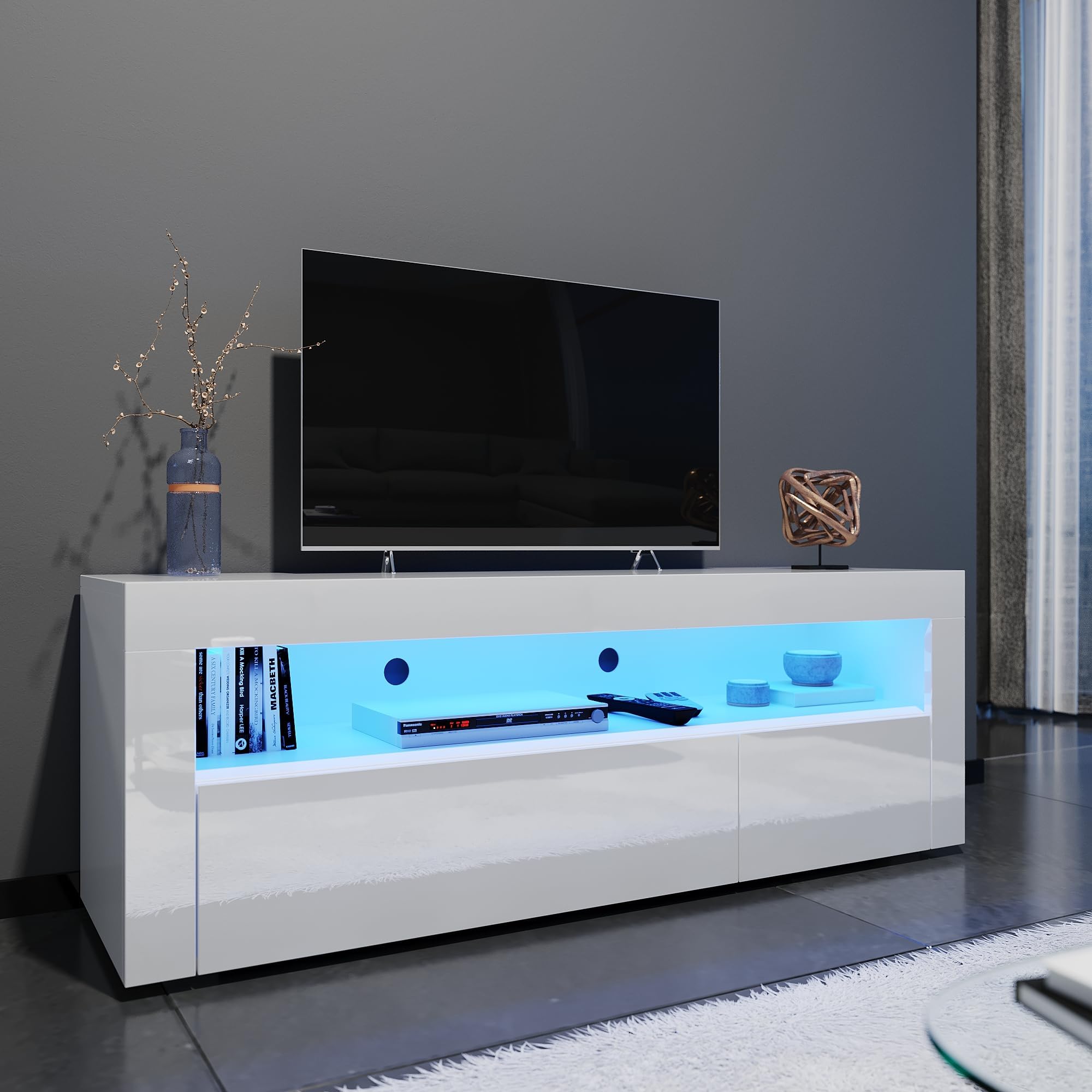 ELEGANT 1200mm LED TV Cabinet Modern White Gloss TV Stand with Ambient ...