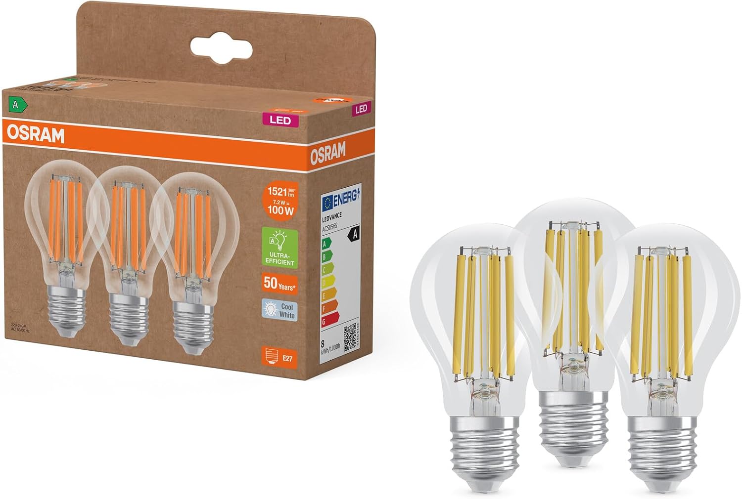 OSRAM Lampada LED Classic A100 Filament 7,2W 840, 4000K bianco freddo ...