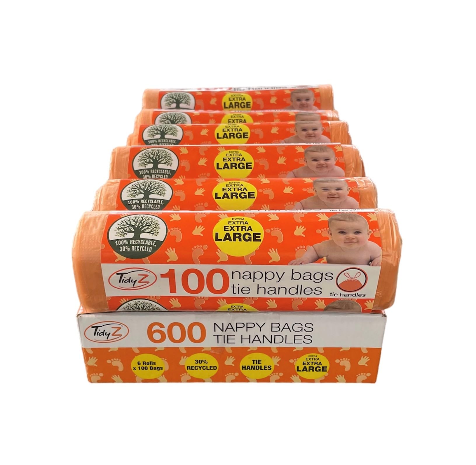 Tidyz 600 NAPPY BAGS WITH TIE HANDLES EXTRA LARGE (6 rolls of 100 bags ...