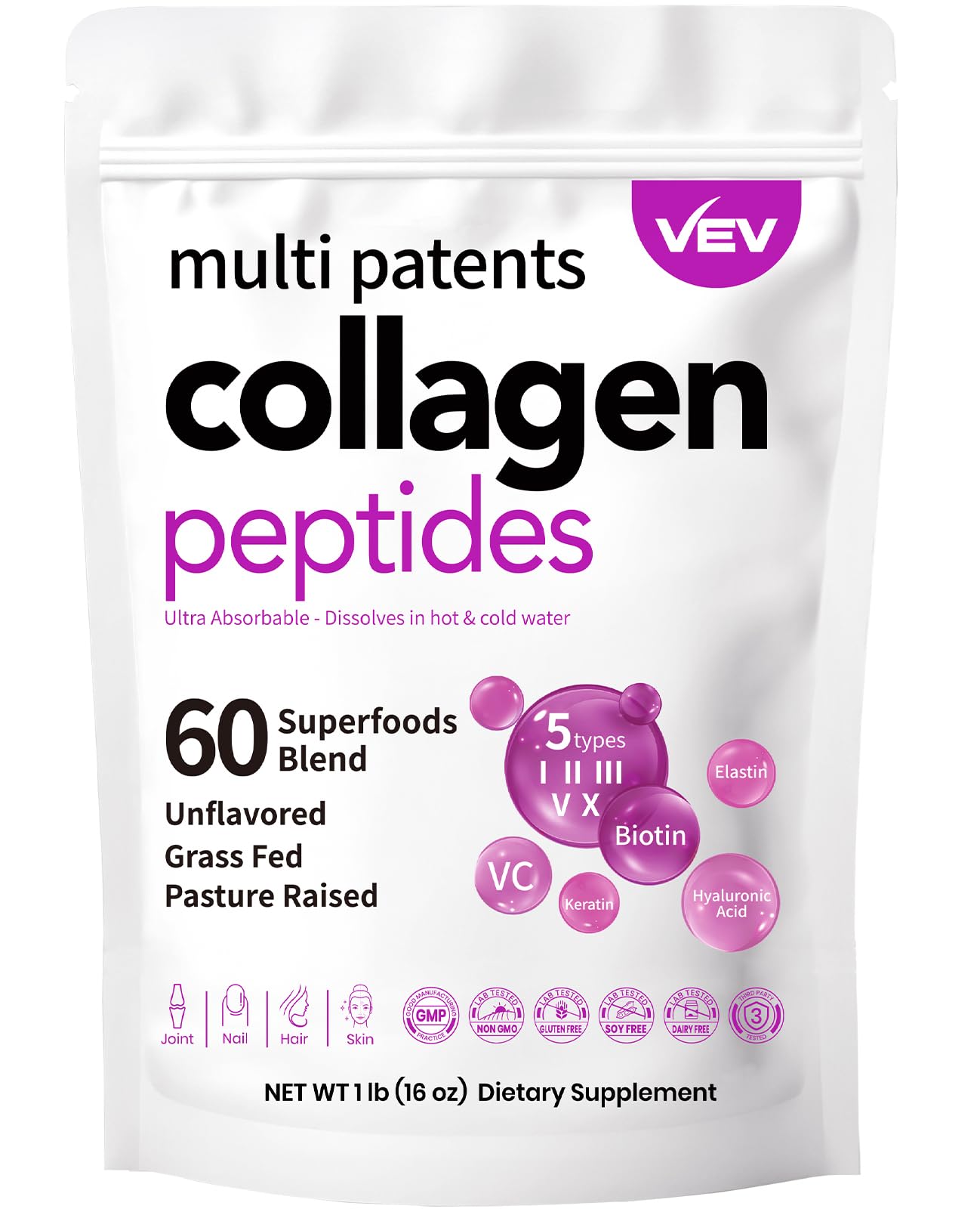 Amazon.com: VEV Multi Collagen Peptides Powder, 1 Pound – Type I, II ...