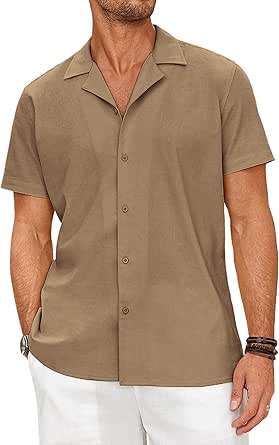 Amazon.com: COOFANDY Mens Casual Linen Shirt Short Sleeve Button Down Shirt Summer Beach Shirt ...