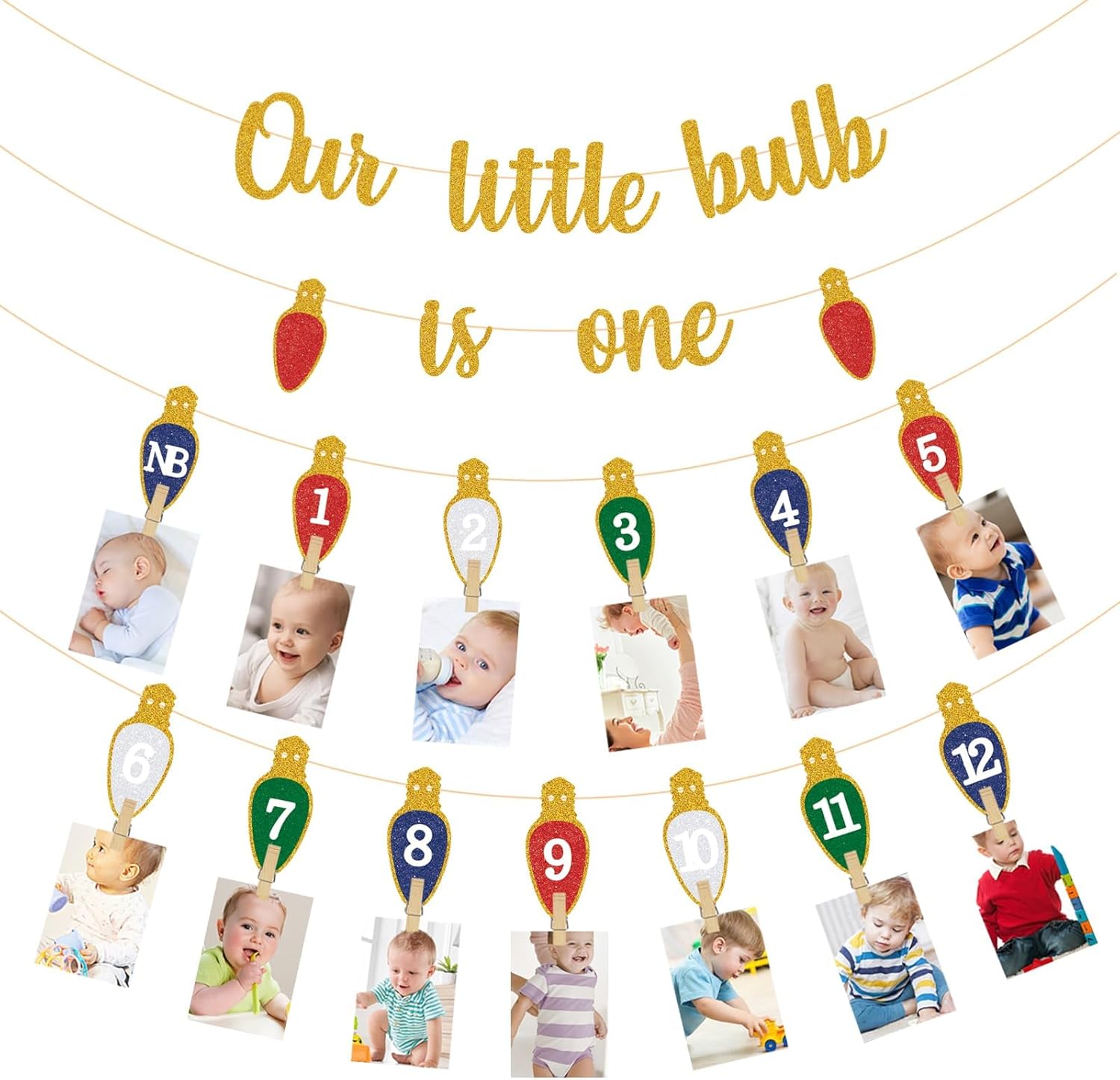 Amazon.com: Christmas Light Bulb 1st Birthday Photo Banner - Milestone ...