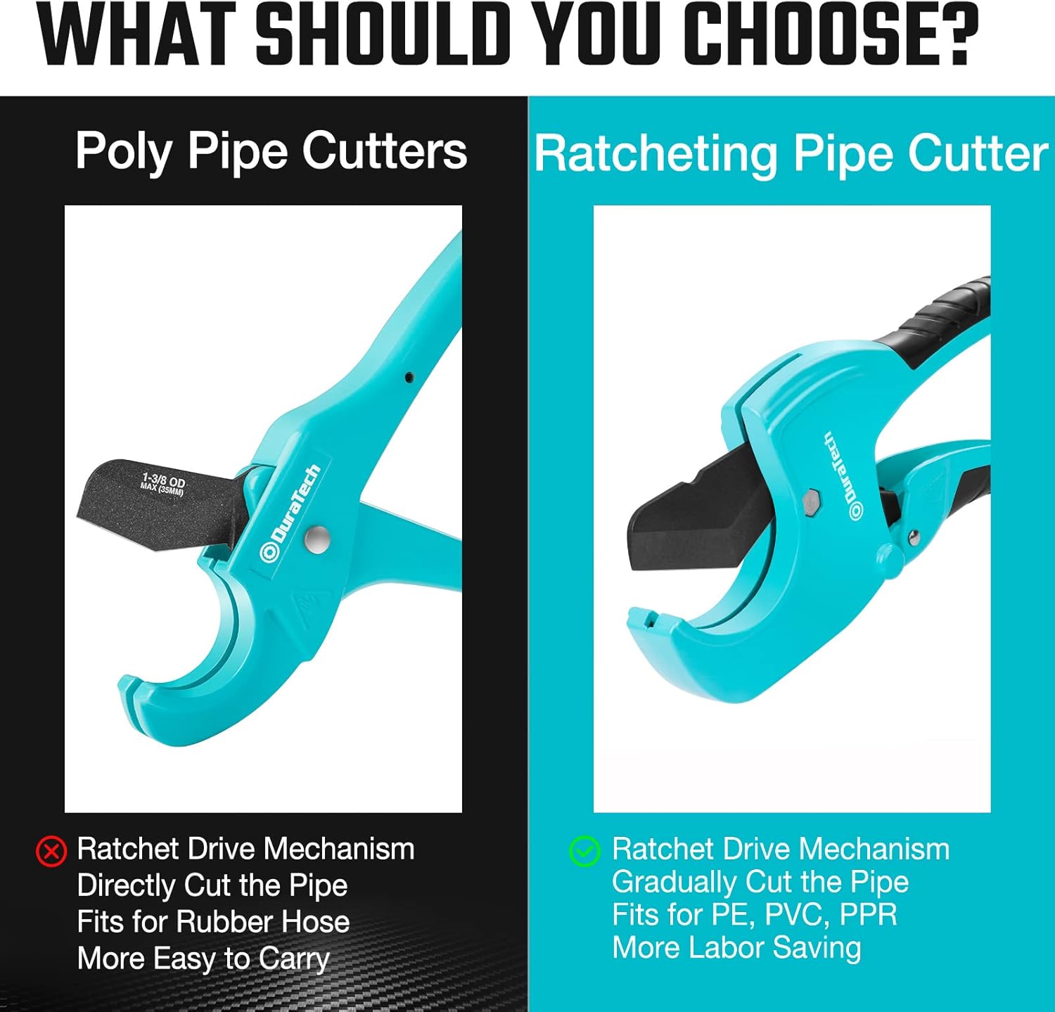 DURATECH Ratchet PVC Pipe Cutter, Cuts up to 2-12″ PEX, PPR, PE and ...