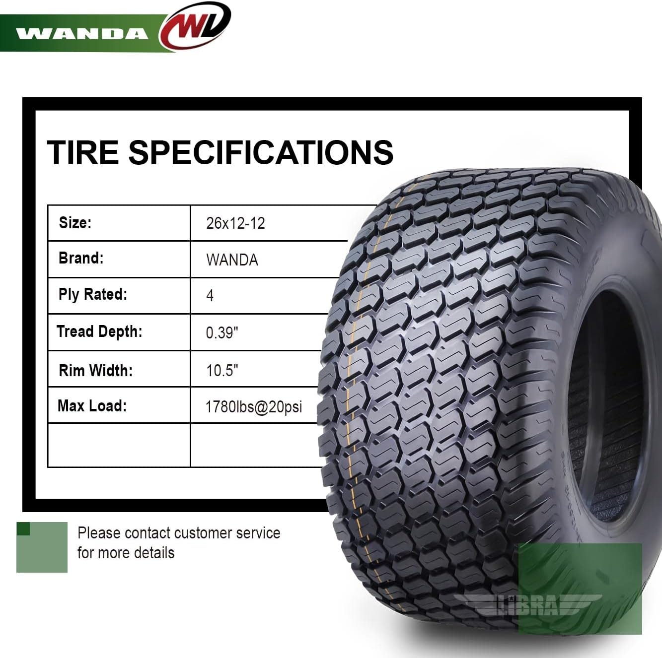 WANDA 26X12-12 Lawn Mower Tractor Cart Turf Tire 4 Ply 26x12x12-13056 ...