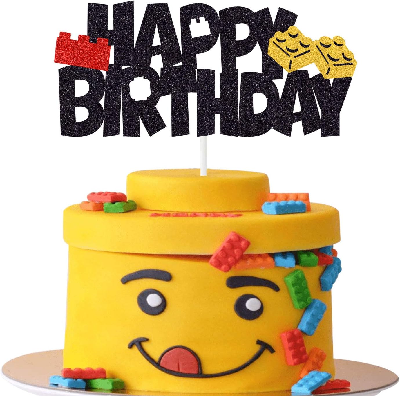 Amazon.com: Building Blocks Cake Topper Glitter Happy Birthday Cake ...