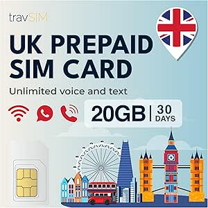 travSIM UK SIM Card | 20GB Data + Unlimited Calls & Texts | 4G/5G Speed | Works Throughout The ...