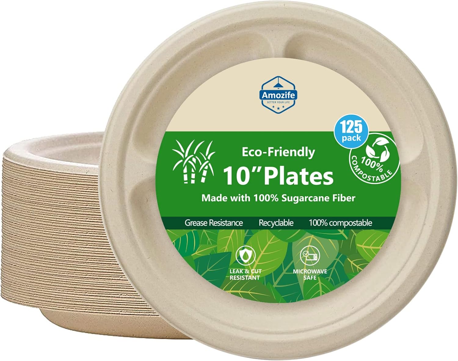 Amazon.com: Amozife 100% Compostable 10 Inch 3-Compartment Paper Plates ...