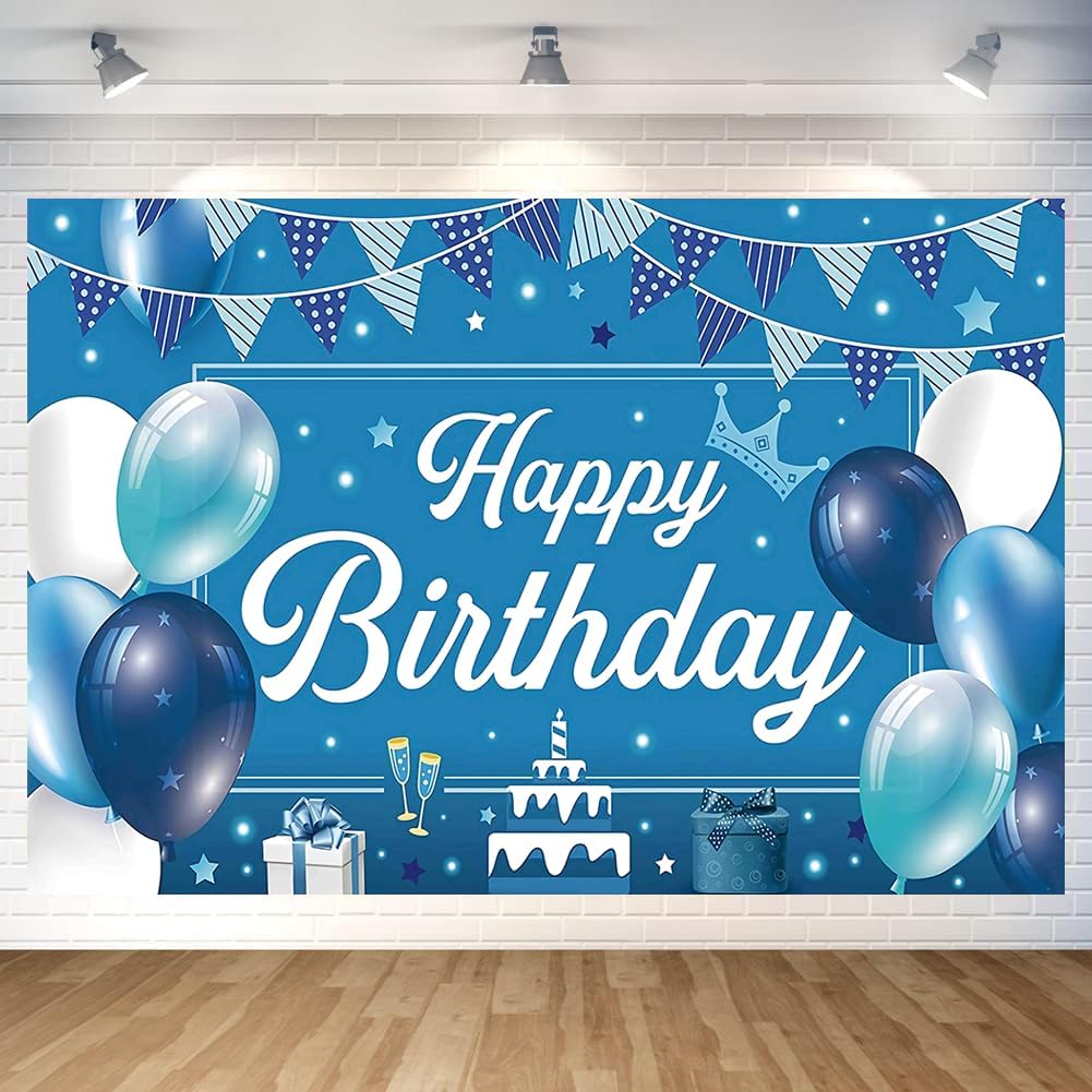 Amazon.com: Blue Birthday Party Backdrop Blue Happy Birthday Banner ...