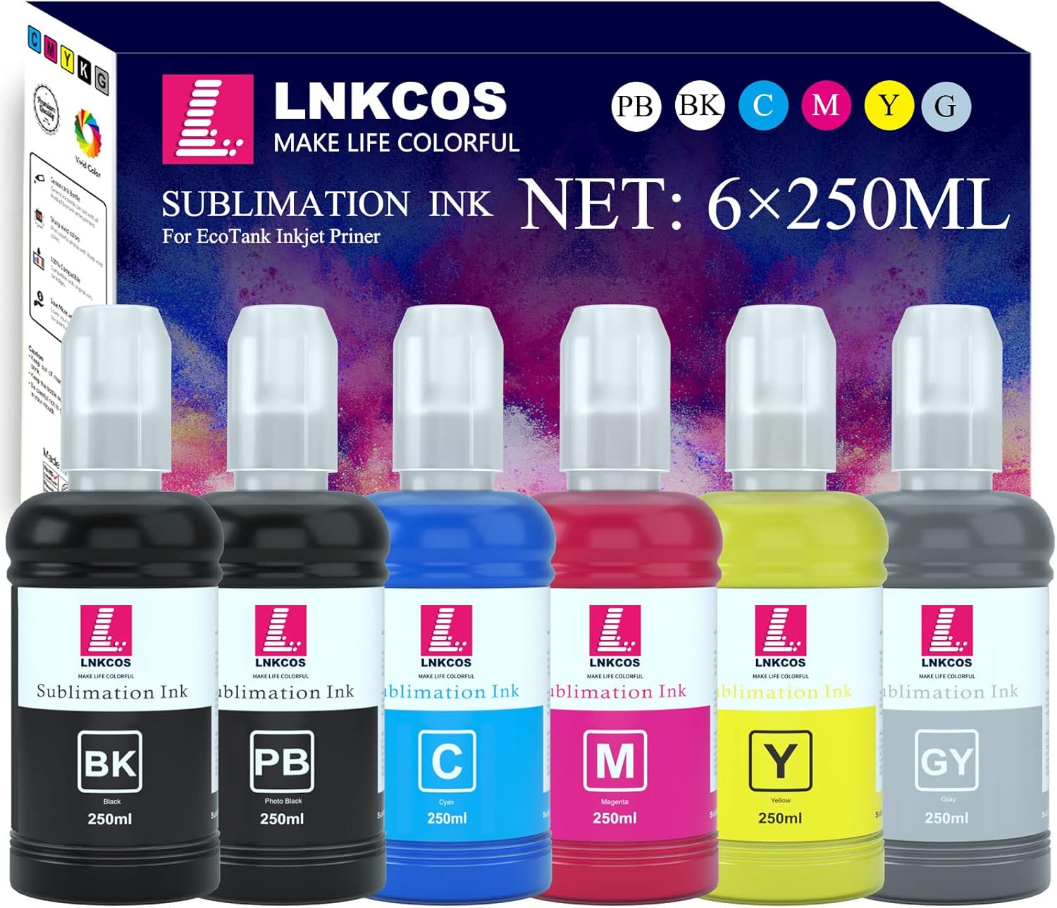 LNKCOS 6×250ML Sublimation Ink for Epson EcoTank ET-8500 ET-8550 ...