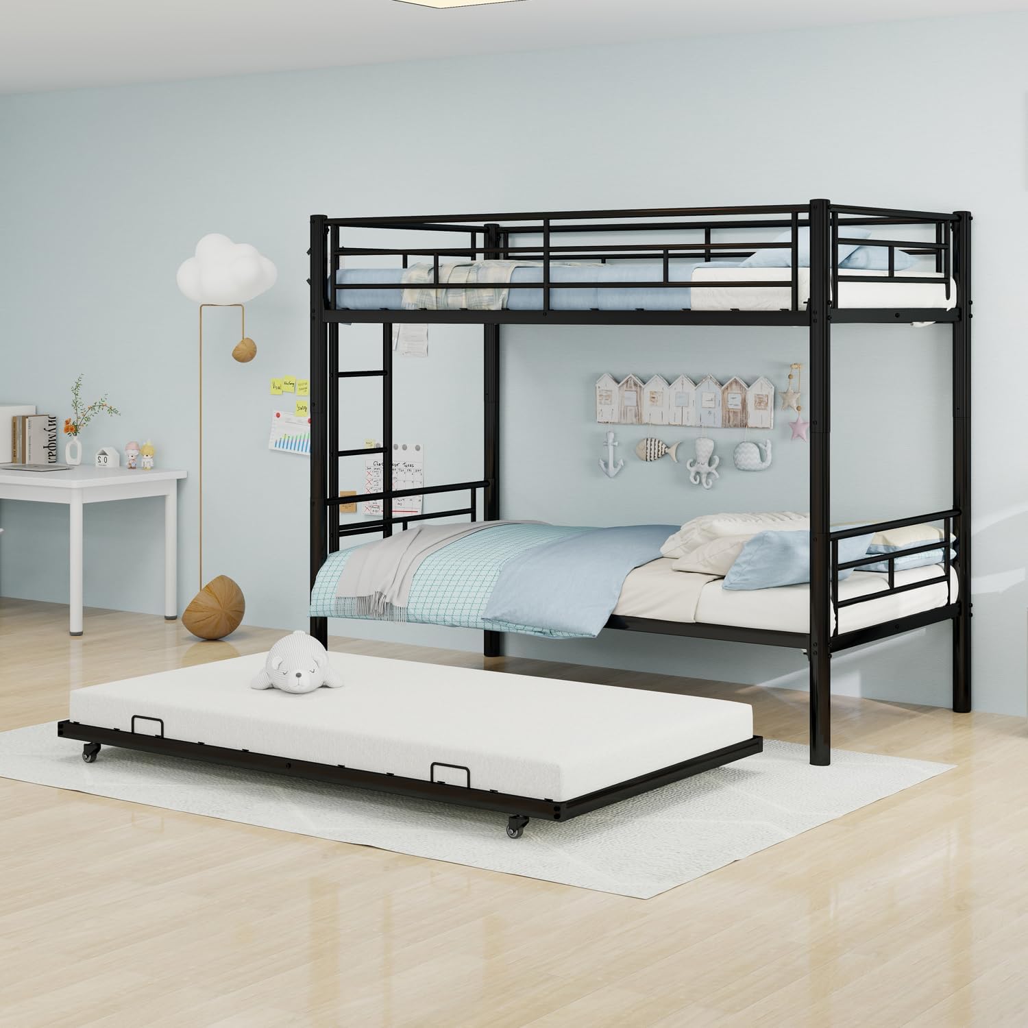 Amazon.com: Cyranture Metal Bunk Bed with Trundle, Space-Saving Bunk ...